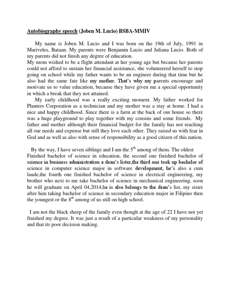 Autobiography Speech | PDF | Bachelor's Degree | Academic Degree