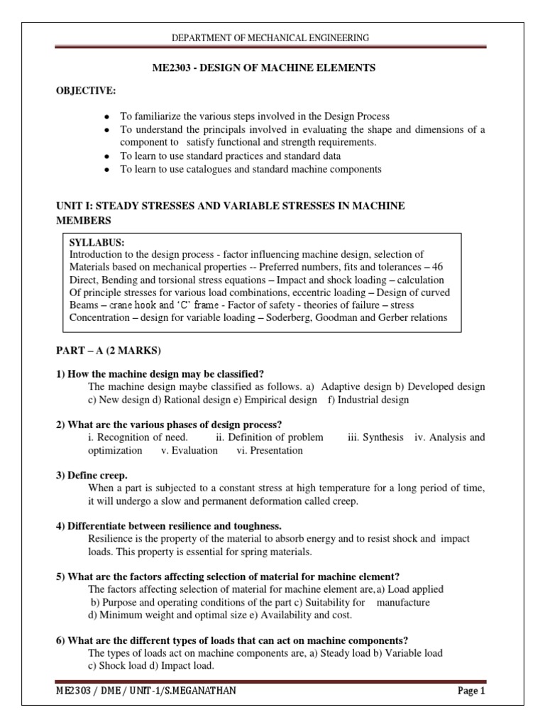 Dme (Unit 1) | PDF | Stress (Mechanics) | Bending