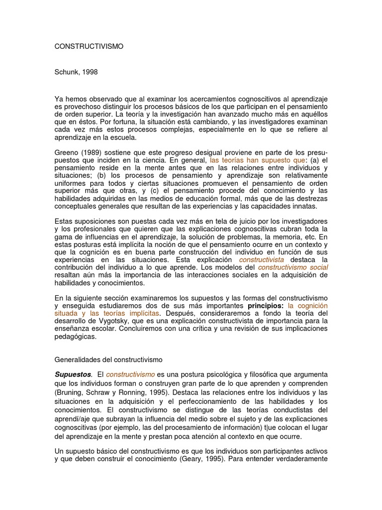 CONSTRUCTIVISMO Schunk Lectura9 | PDF | Constructivismo (filosofía de la educación) | Aprendizaje