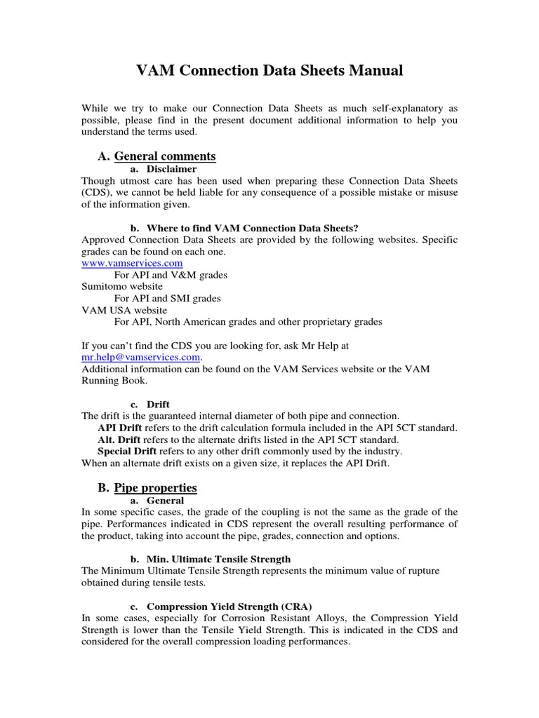 VAM Connection Data Sheets Manual: A. General Comments | PDF