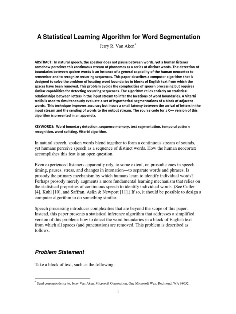 A Statistical Learning Algorithm For Word Segmentation: Problem Statement | PDF | Algorithms ...