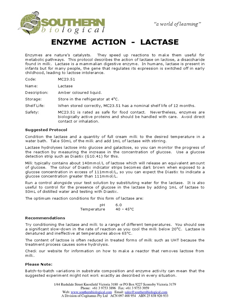 Enzyme Action - Lactase: "A World of Learning" | PDF | Milk | Enzyme
