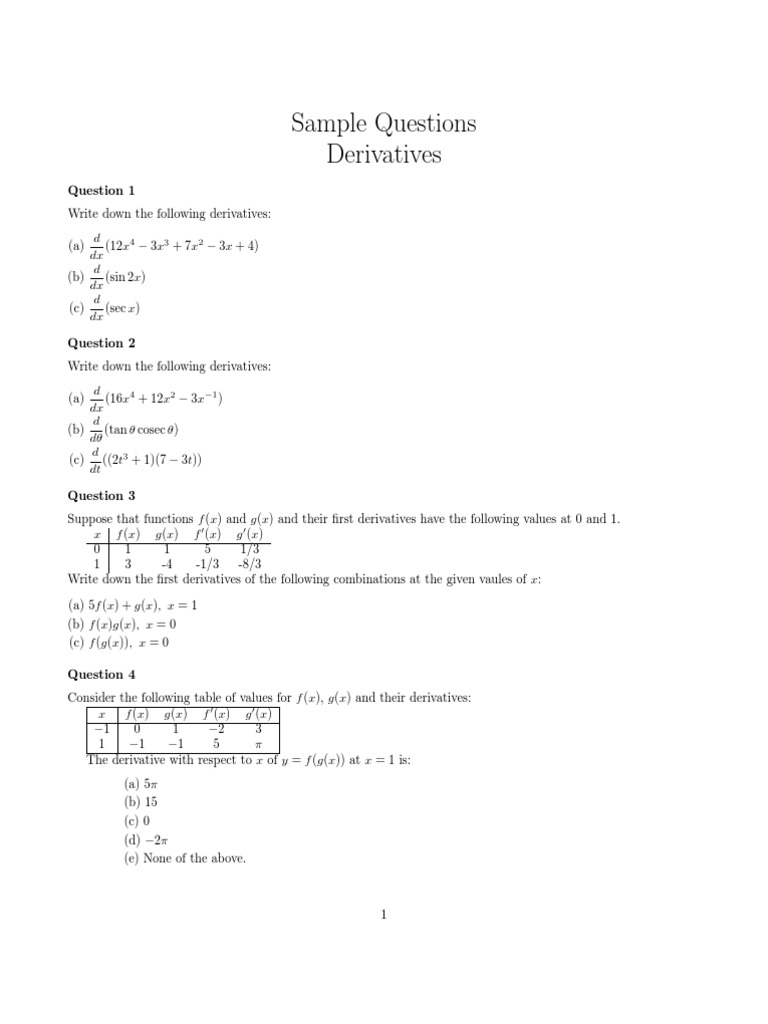 Sample Questions Derivatives | PDF | Derivative | Tangent