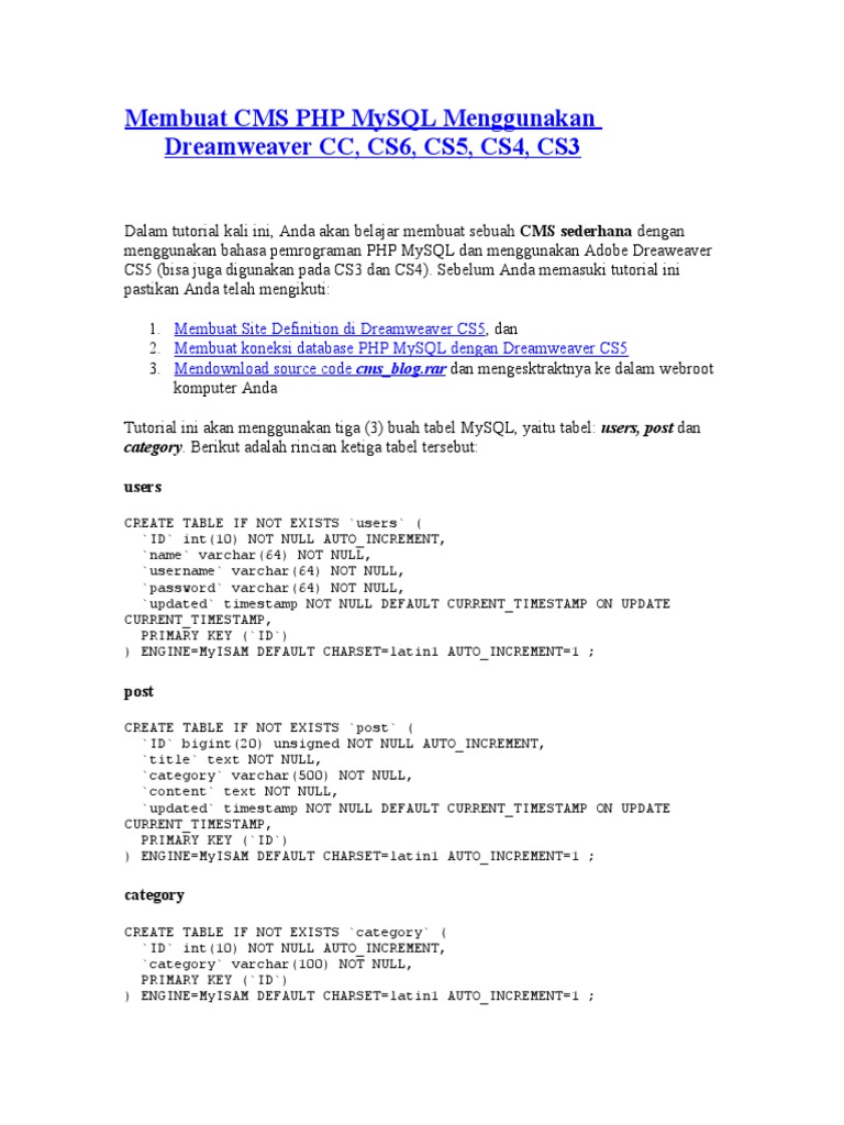 Membuat CMS PHP MySQL Menggunakan Dreamweaver CC | PDF