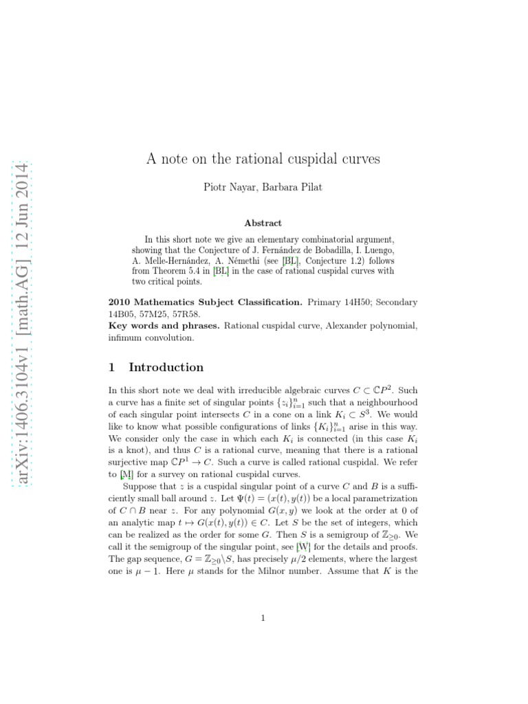 A Note On The Rational Cuspidal Curves: Piotr Nayar, Barbara Pilat ...