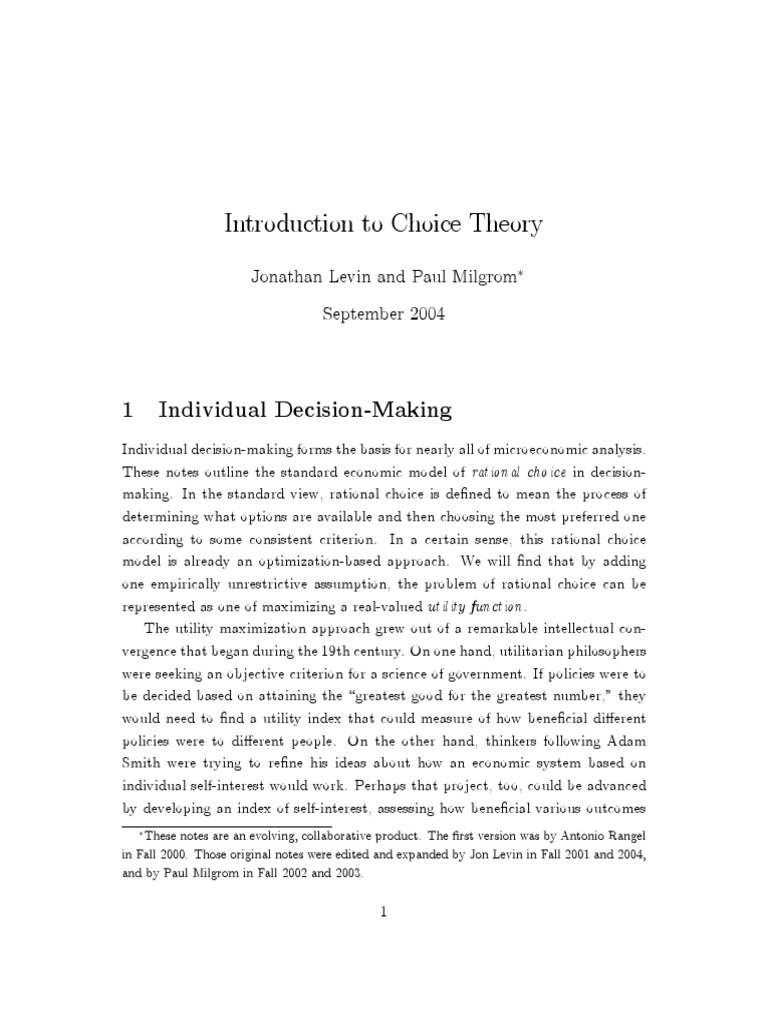 Introduction To Choice Theory: 1 Individual Decision-Making | PDF