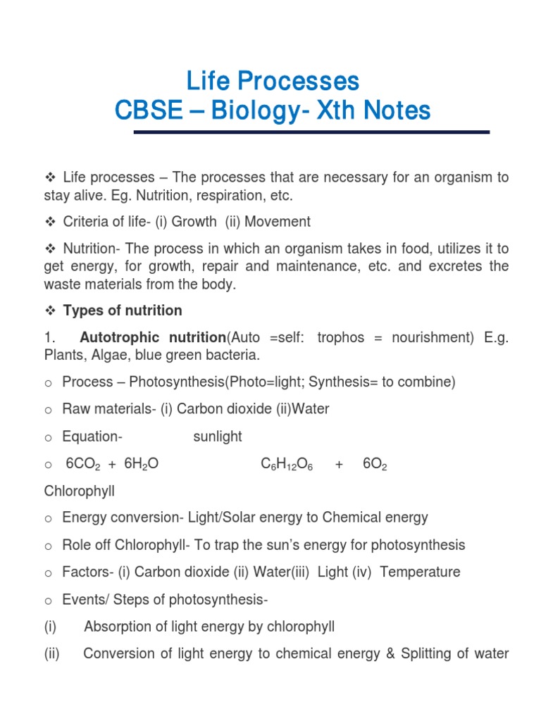 CBSE Class X Biology - Life Processs Key Notes | PDF | Atrium (Heart ...