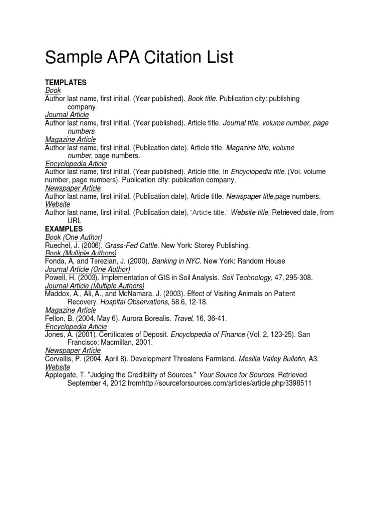 Sample APA Citation List: Templates | PDF