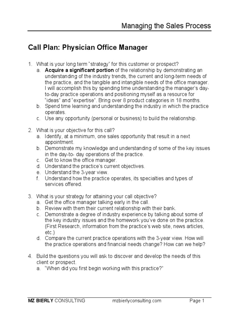 Call Plan: Physician Office Manager: Managing The Sales Process | PDF ...