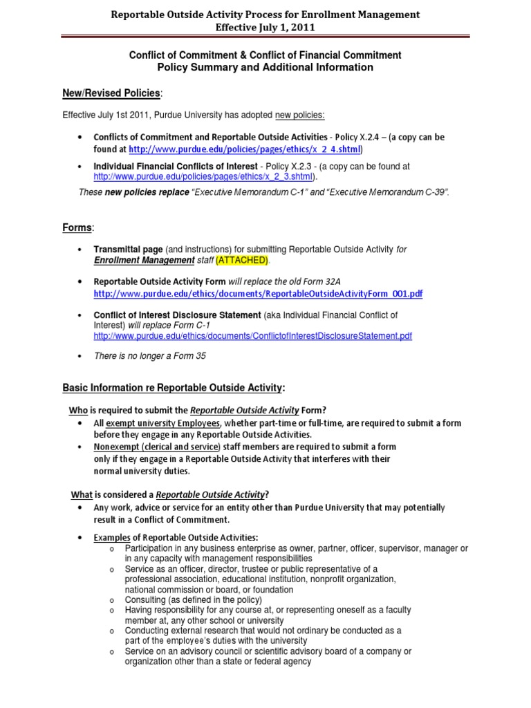 Reportable Outside Activity | PDF | Conflict Of Interest | Volunteering
