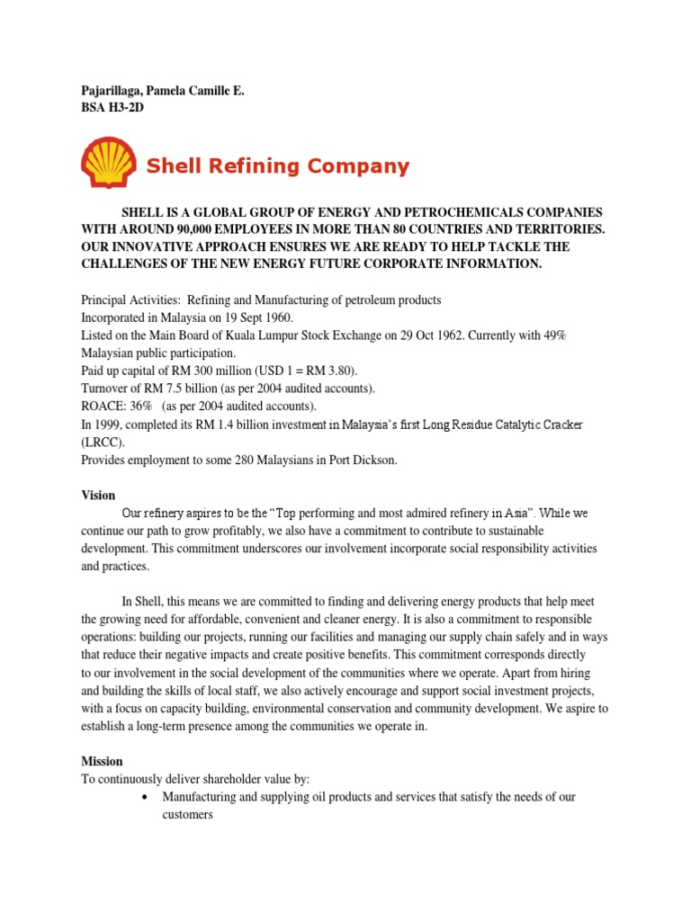 An Overview of Shell Refining Company's Vision, Mission, Objectives and ...