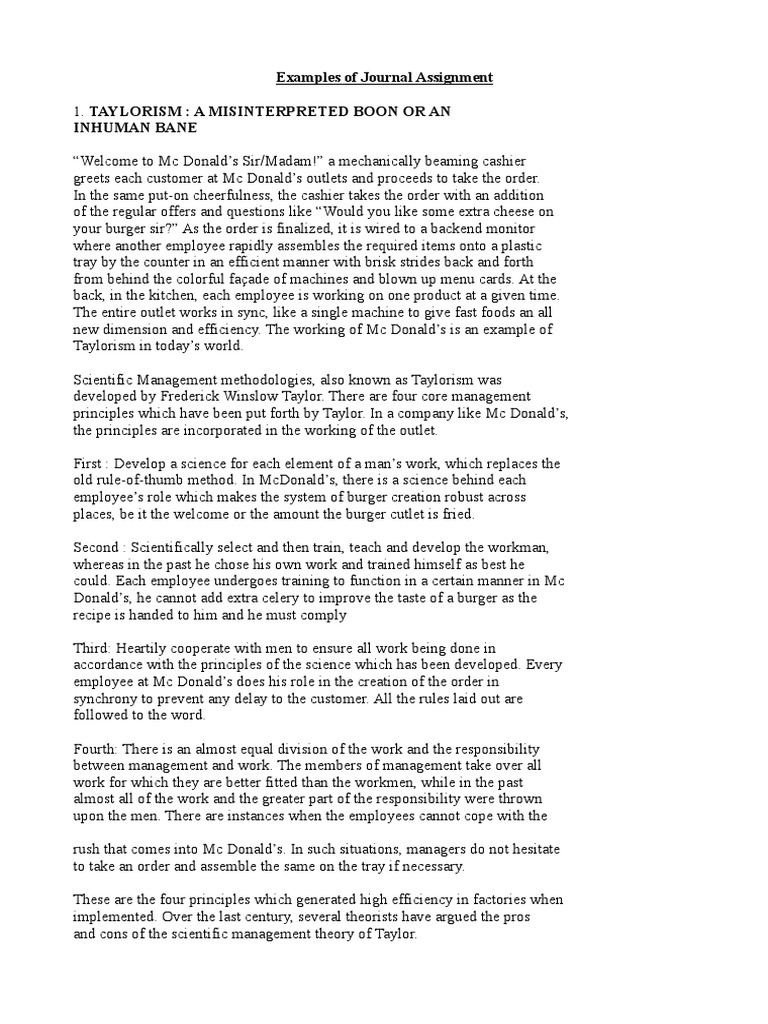 Examples For Journal Writing Assignment | PDF