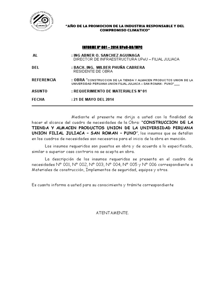 Requerimiento de Materiales Obra UPeU | PDF | Tecnología