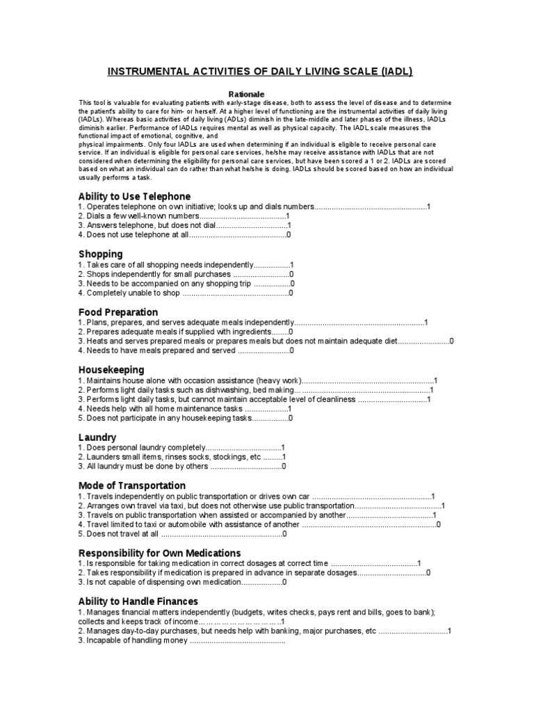 Instrumental Activities of Daily Living Scale | PDF | Medicine | Health Care
