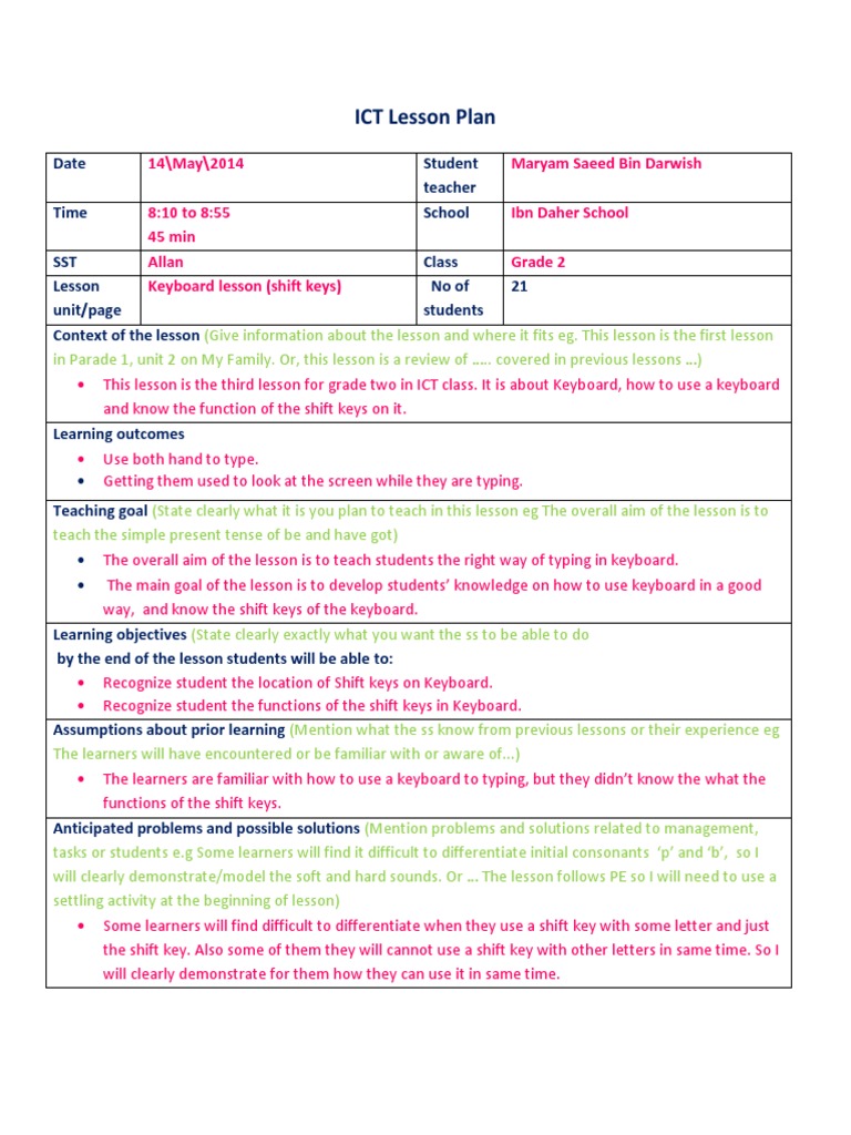 Ict Lesson Plan Shift Keys | PDF | Lesson Plan | Teachers