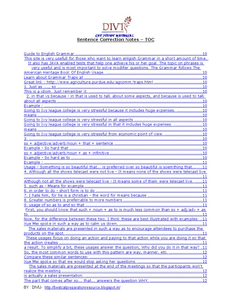 Sentence Correction Notes | PDF | English Grammar | Adverb