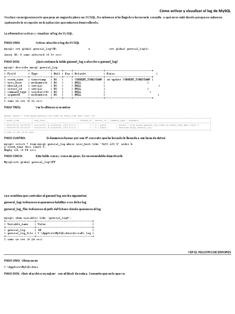 Cómo Activar y Visualizar El Log de MYSQL | PDF | Informática