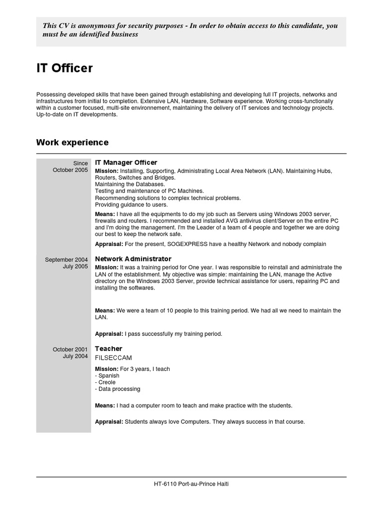 CV Pattern For IT Officer | PDF | Local Area Network | Windows Server 2003