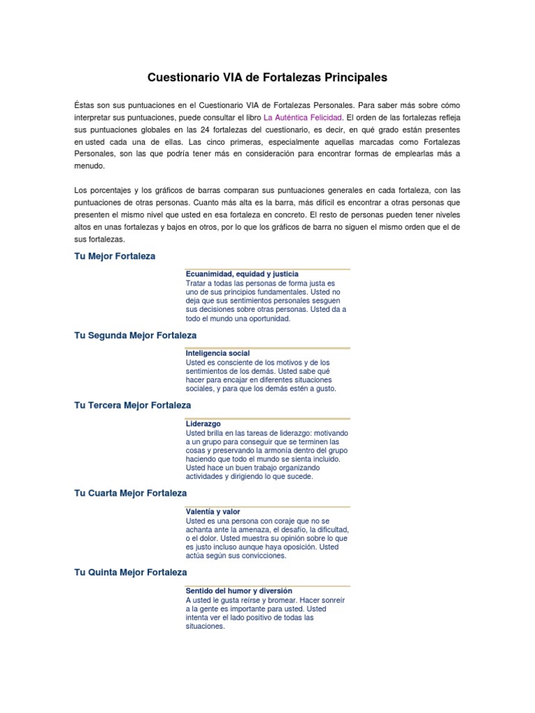 Cuestionario Via de Fortalezas Principales | PDF | Cuestionario | Liderazgo