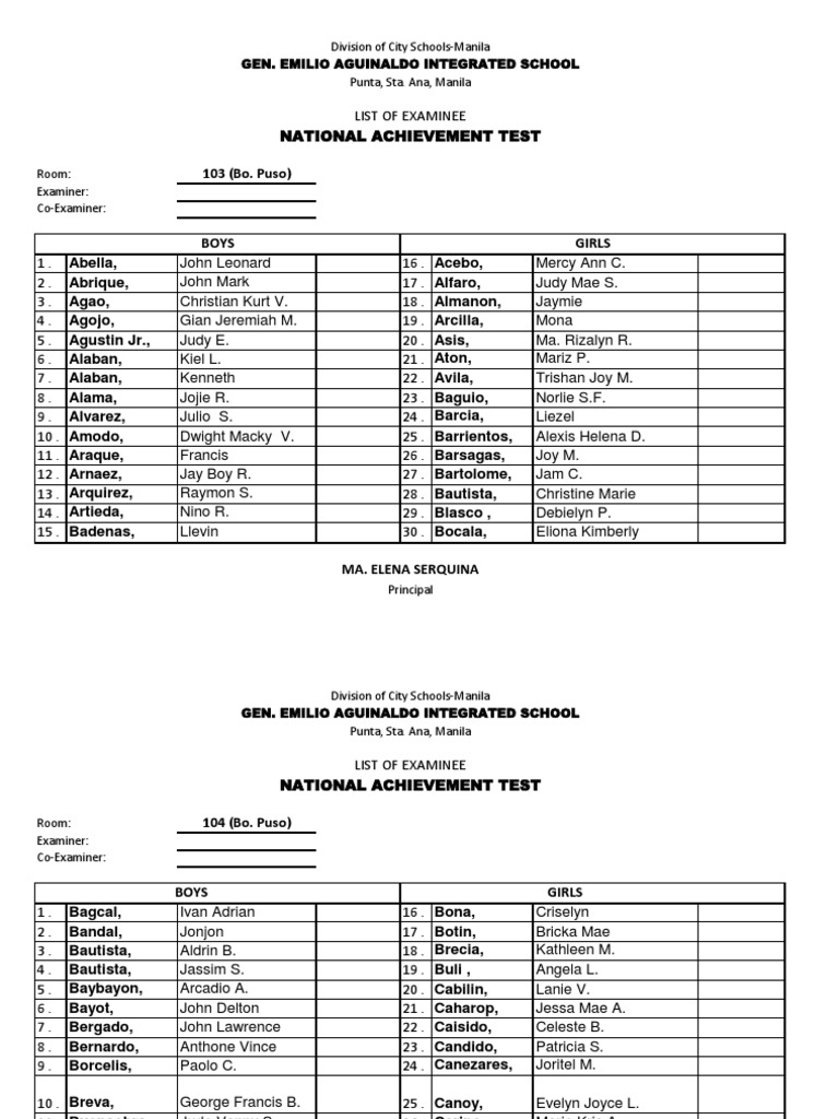 National Achievement Test Examinees List | PDF