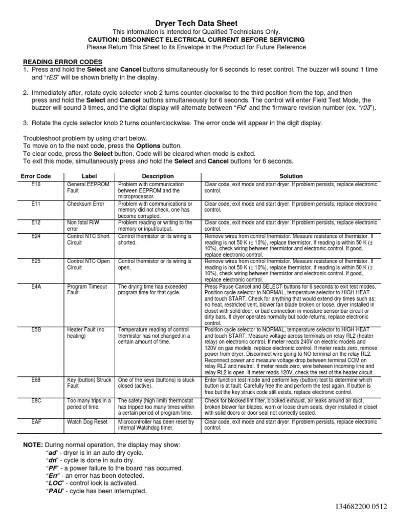 Frigidaire AEQ7000CES1 Dryer Tech Sheet | PDF | Electronics ...
