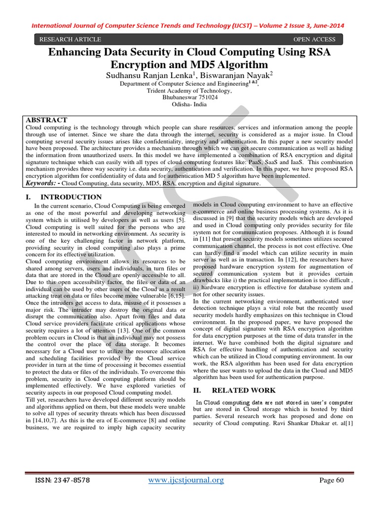 Enhancing Data Security In Cloud Computing Using Rsa Encryption And Md5 Algorithm Pdf Public