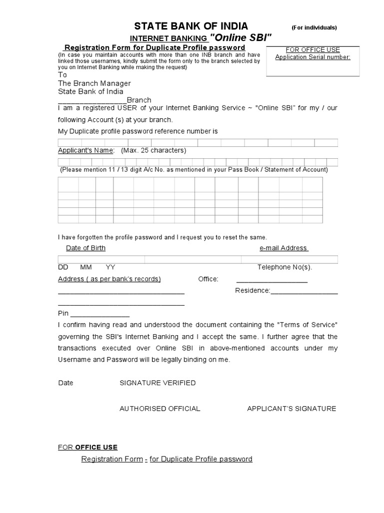 SBI Duplicate Profile Password Request | PDF