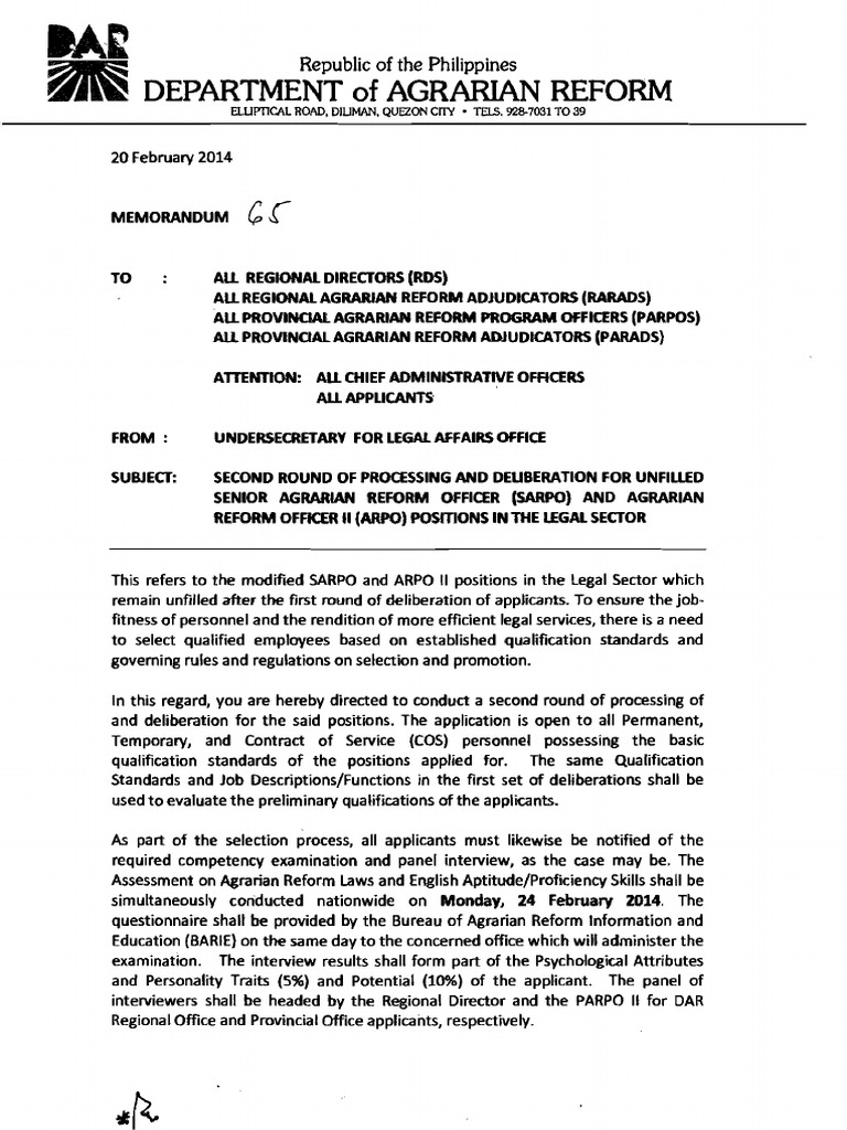 DAR Memo-65-S14 | PDF | Performance Appraisal | Social Institutions