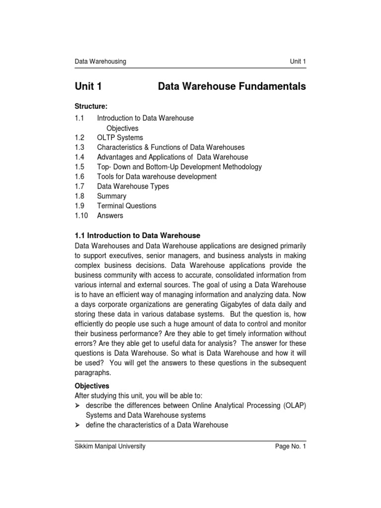 Unit 1 Data Warehouse Fundamentals: Structure | PDF