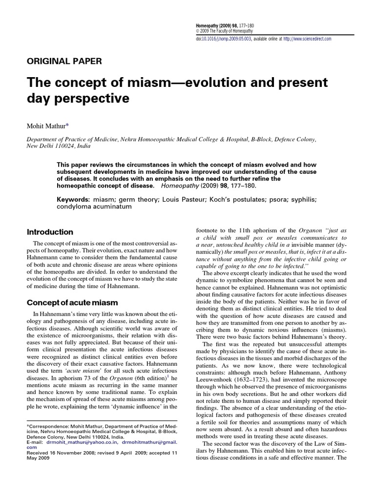 Understanding the Evolution of the Concept of Miasm: From Hahnemann's ...