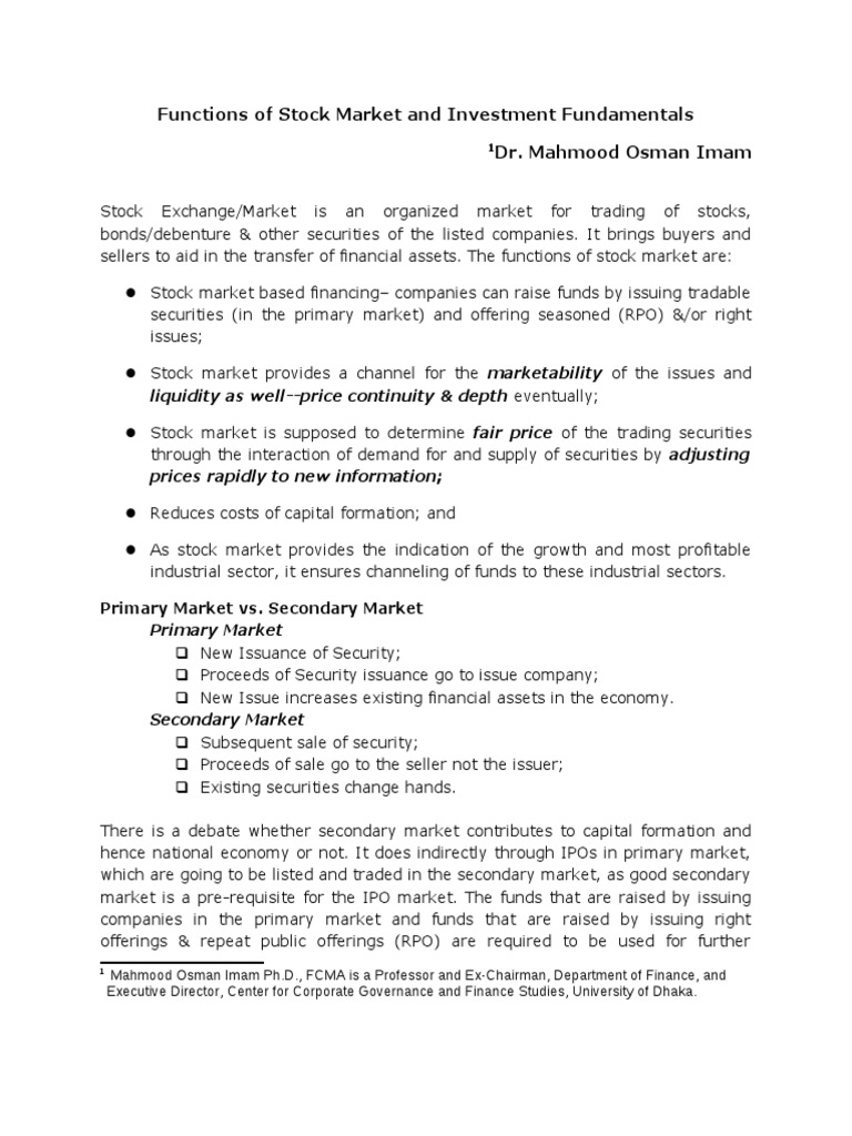 Functions of Stock Market and Investment Fundamentals | PDF | Secondary ...
