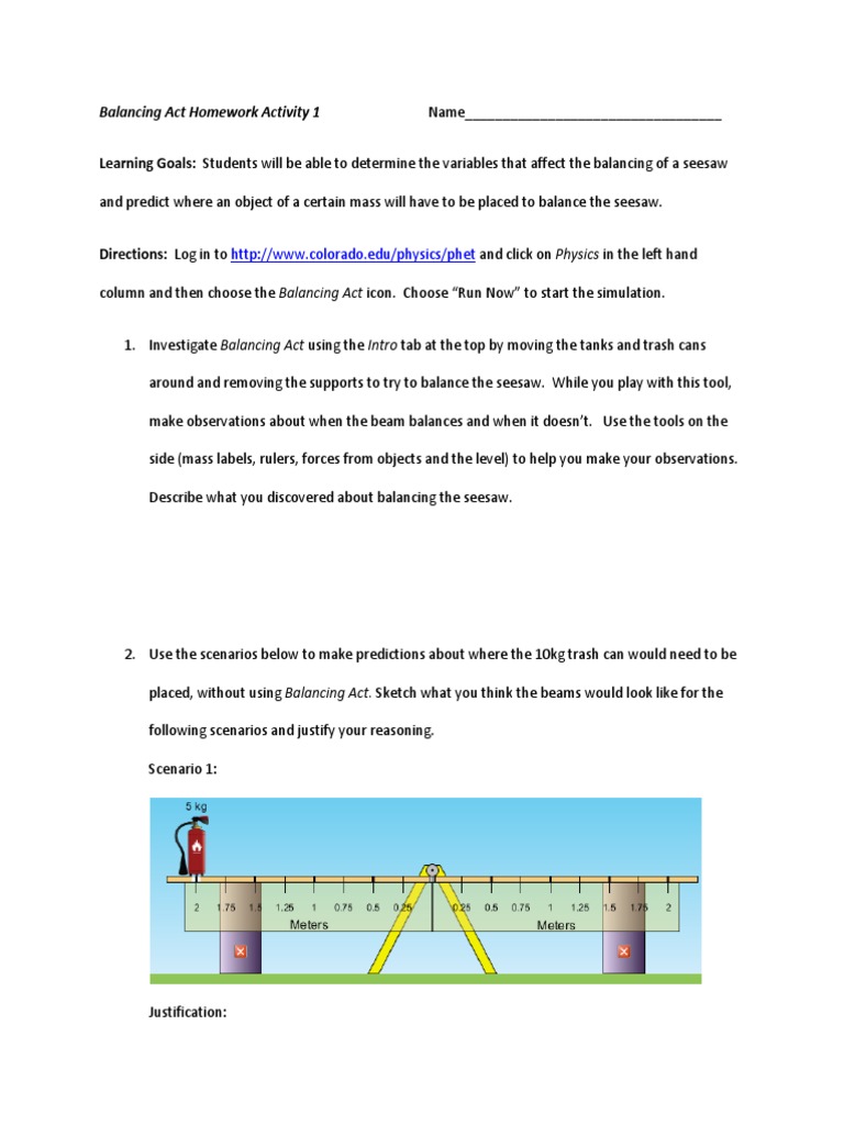 Balancing Act Homework Activity 1 and 2 | PDF | Weighing Scale | Physics