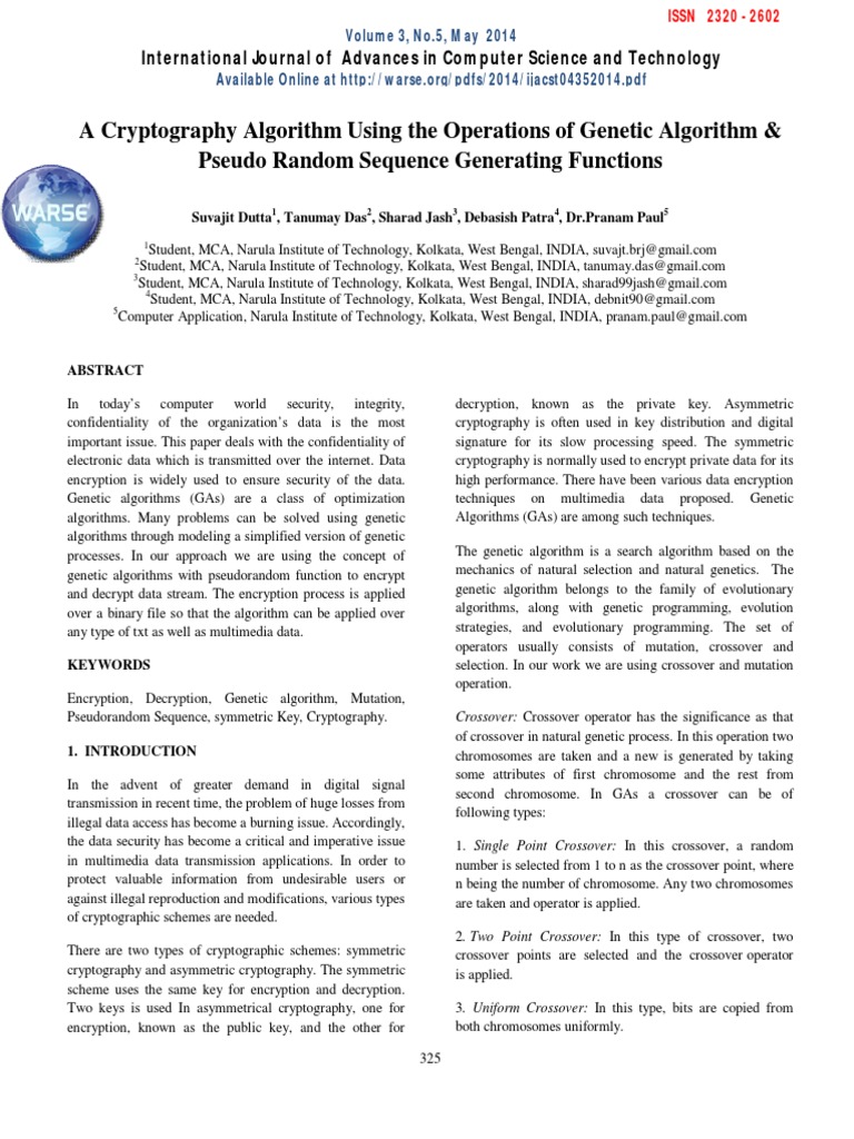 A Cryptography Algorithm Using The Operations Of Genetic Algorithm And Pseudo Random Sequence 1152