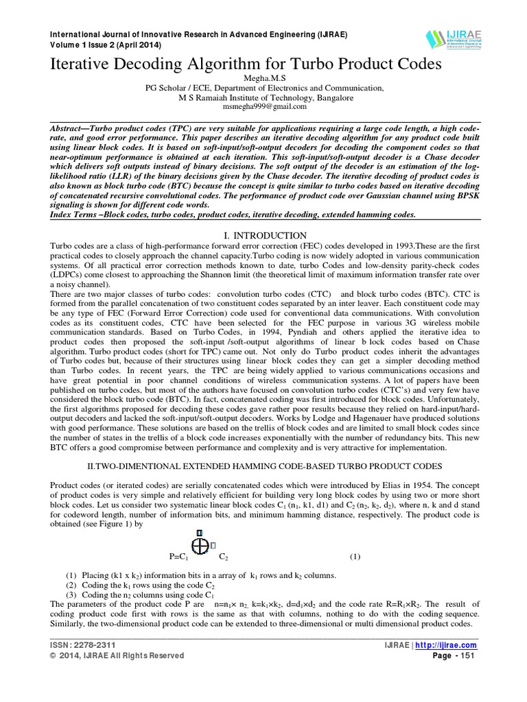 Iterative Decoding Algorithm For Turbo Product Codes Pdf