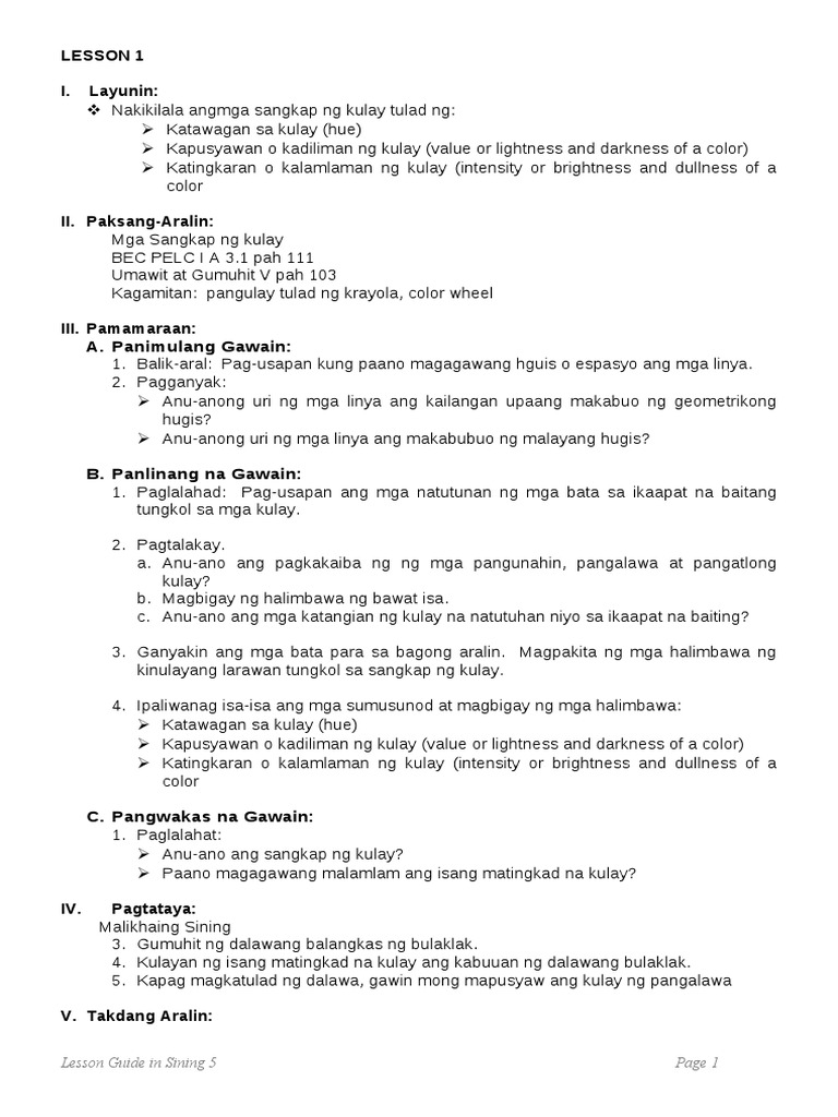 Banghay Aralin Sa SINING V | PDF