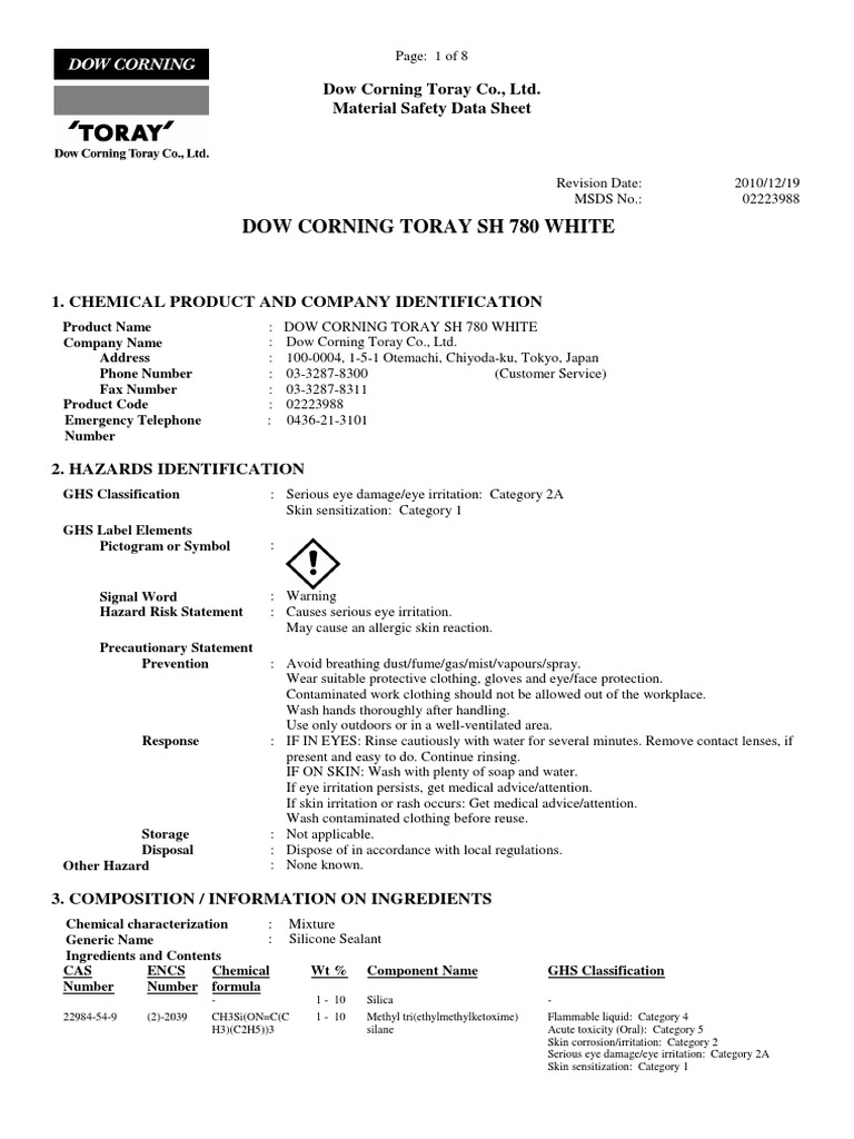 Toray Silicon 780 MSDS | PDF | Toxicity | Personal Protective Equipment