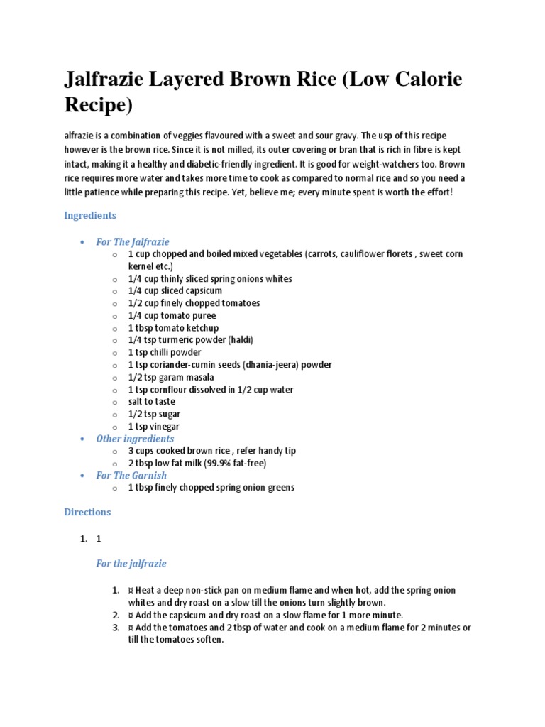 Jalfrazie Layered Brown Rice (Low Calorie Recipe) : Ingredients | PDF ...