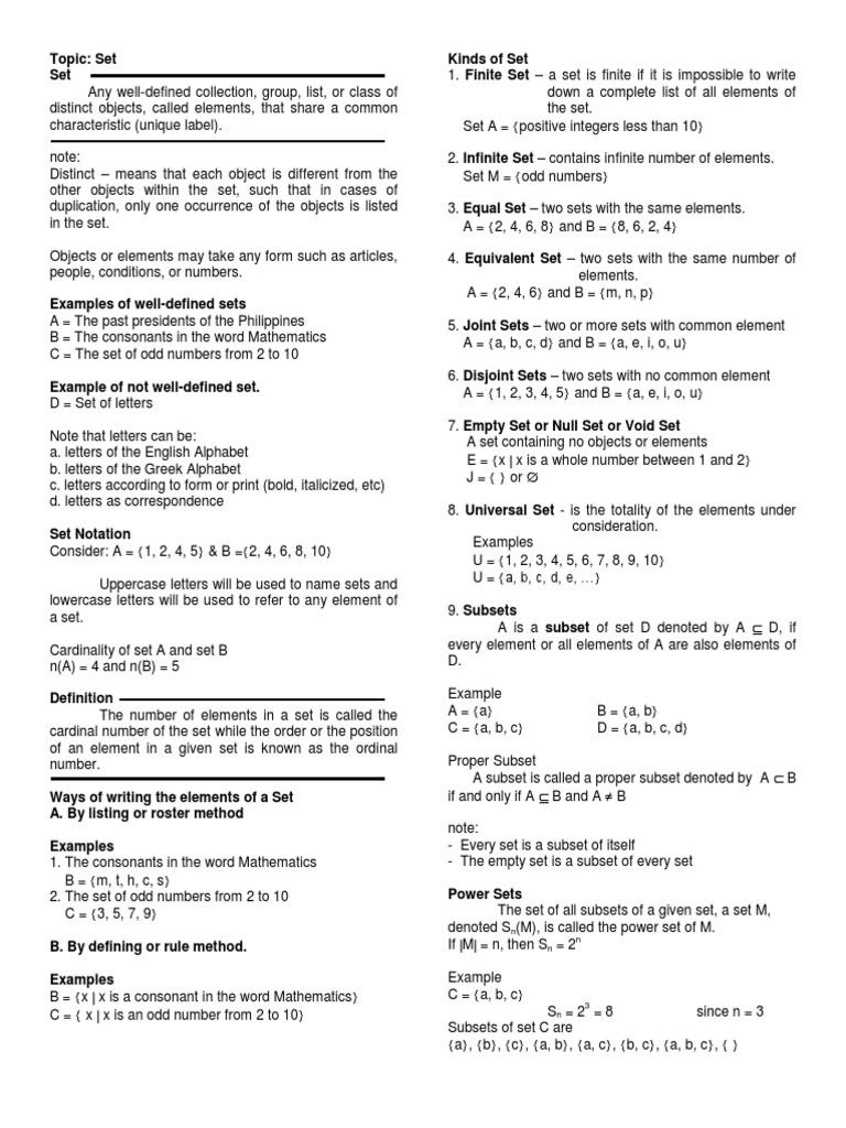 Topic: Set Set Kinds of Set | PDF | Set (Mathematics) | Letter Case