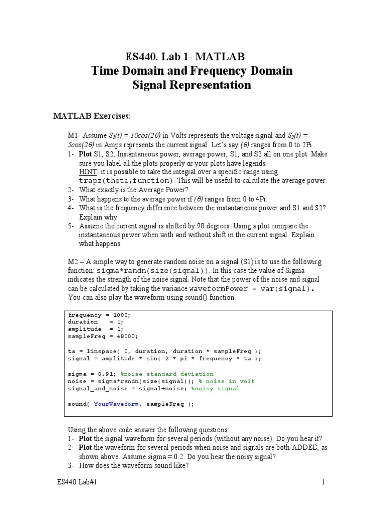 Time Domain and Frequency Domain Signal Representation: ES440. Lab 1-MATLAB | PDF | Amplitude ...