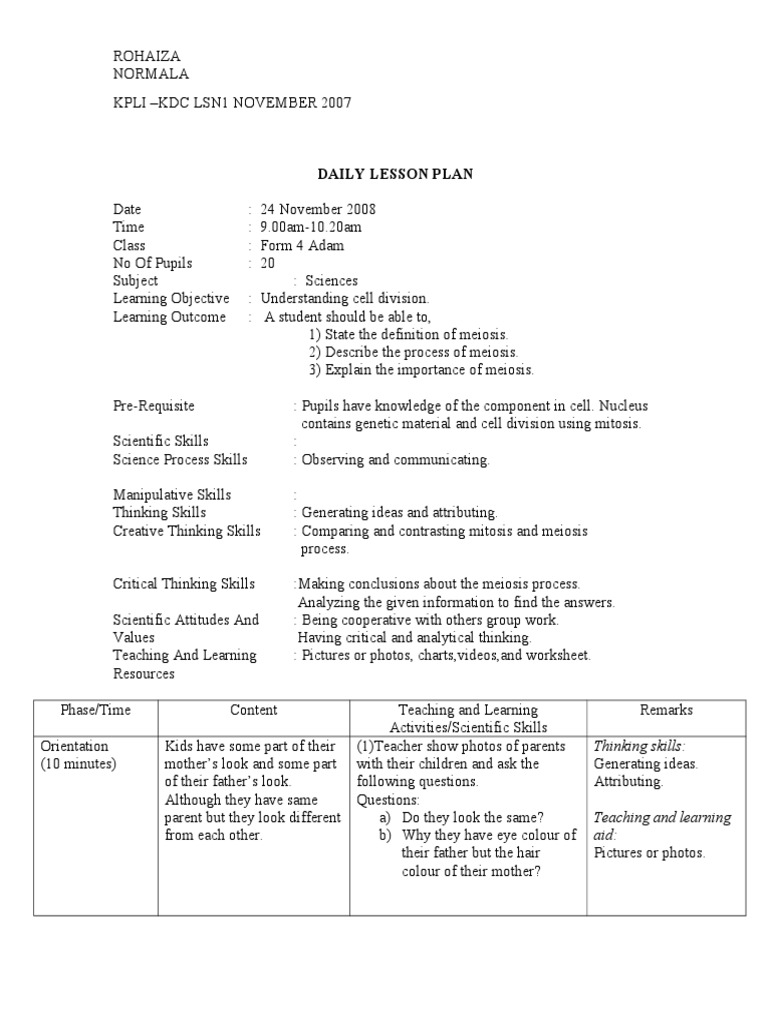Daily Lesson Plan: Thinking Skills | PDF | Meiosis | Lesson Plan