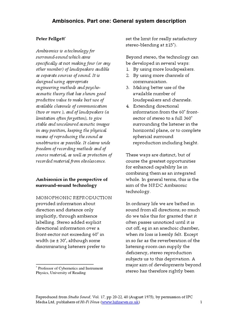 Ambisonics 1 - General System Description | PDF | Loudspeaker | Qualia