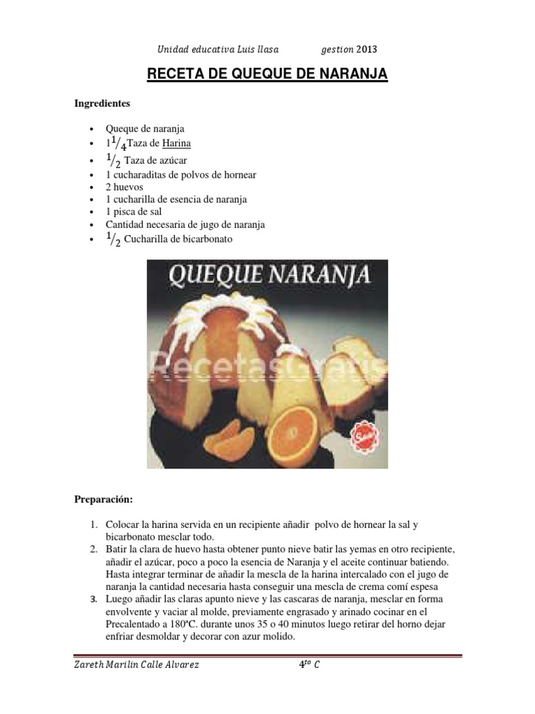Receta de Queque de Naranja | PDF