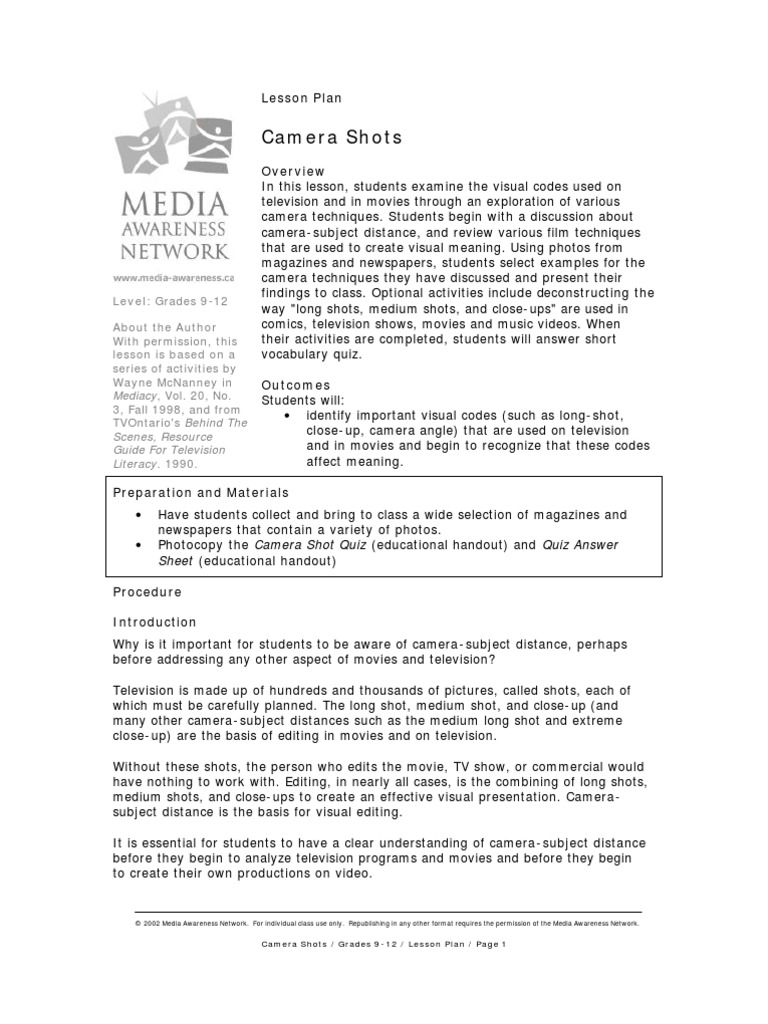 Camera Shots: Lesson Plan | PDF | Leisure