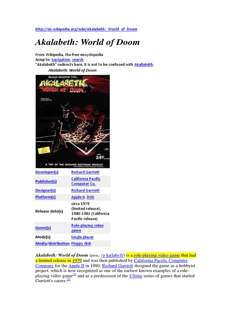 Akalabeth World of Doom | PDF | Video Games | Role Playing Games