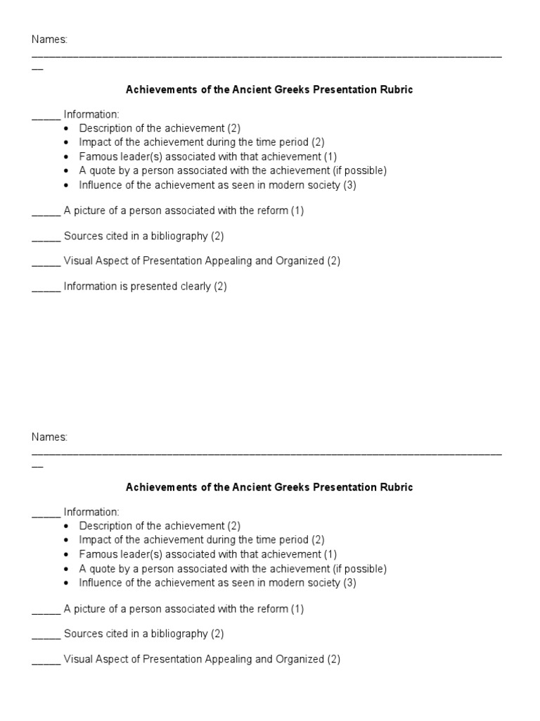 Ancient Greek Achievements Rubric | PDF