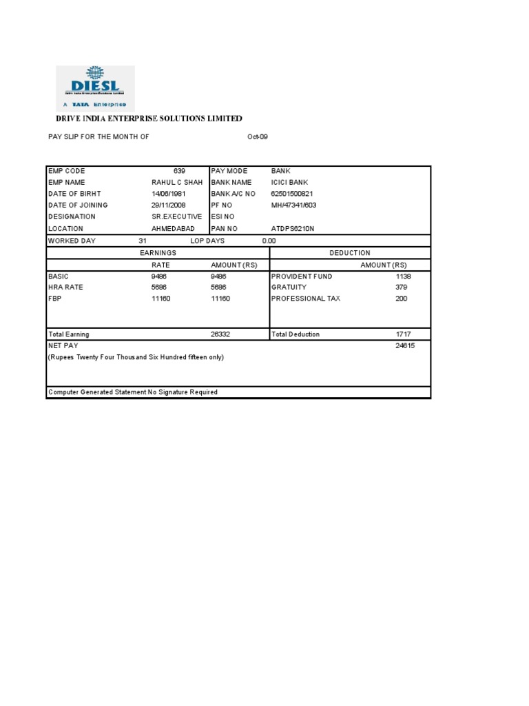 Payslip Format for Oct-09 | PDF