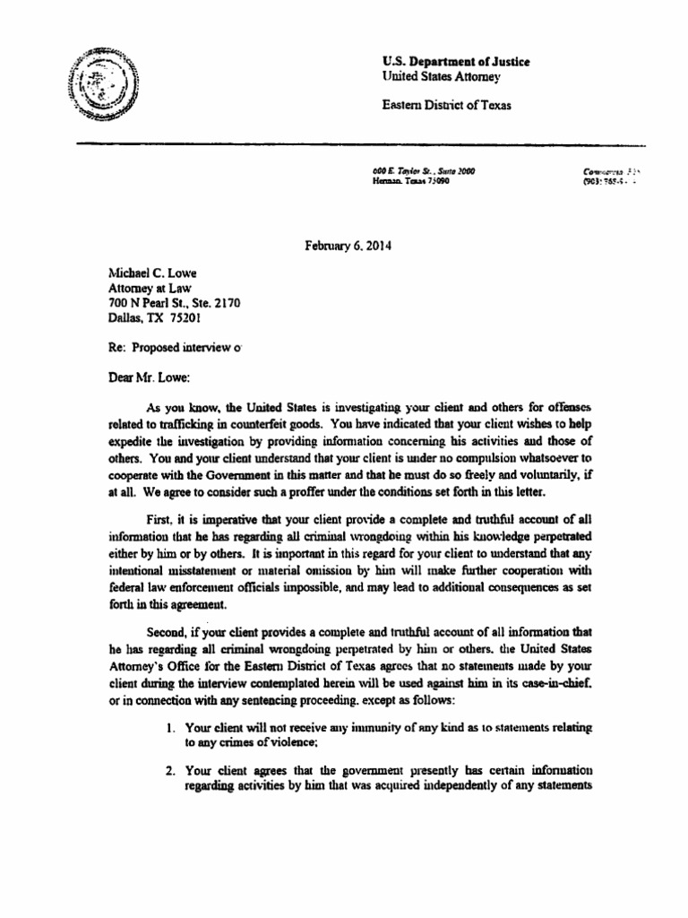 Sample Proffer Letter From U.S. Attorney | PDF | United States Attorney ...
