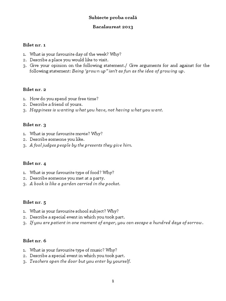 Subiecte Proba Orală 2013 Bac Engleza | PDF | Christmas