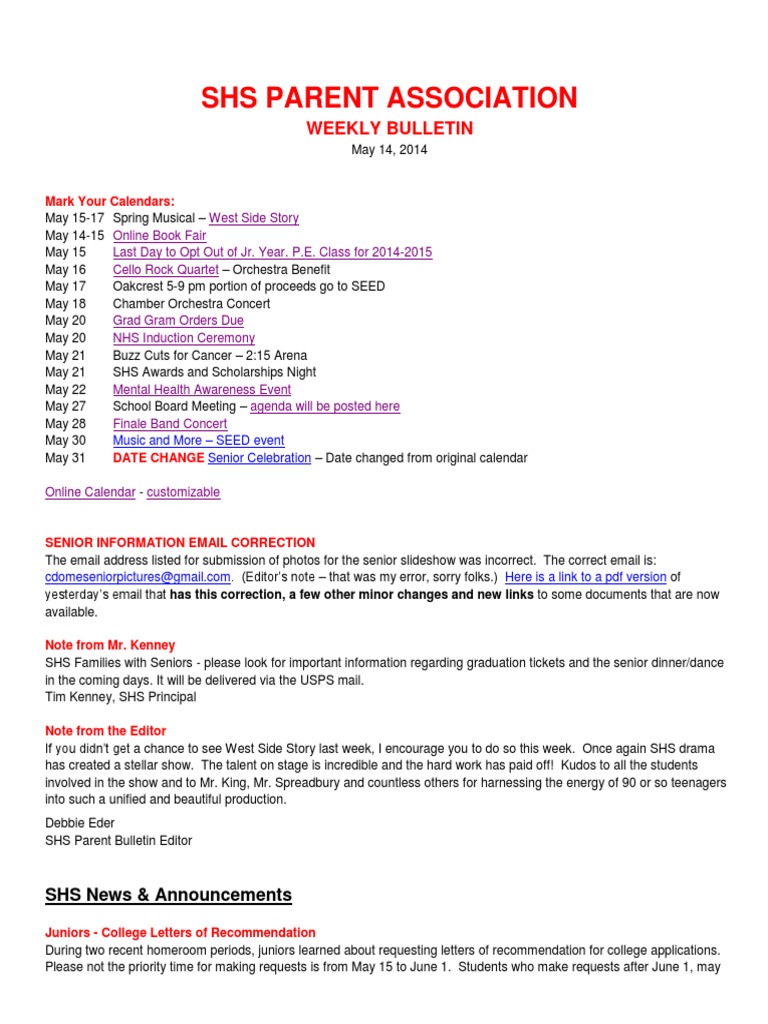 Shs Parent Association: Weekly Bulletin | PDF | Secondary School | Schools