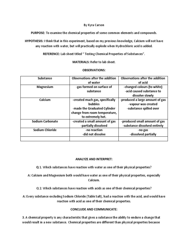 Testing Chemical Properties of Substances Lab Report | Chemical ...